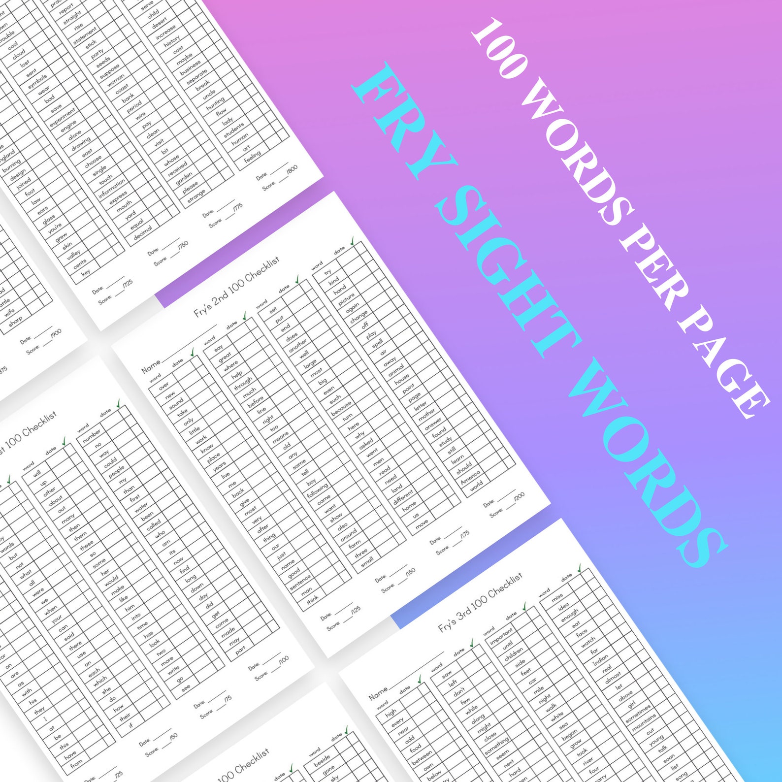 10 Fry Sight Word Checklists / 1,000 High Frequency Sight Words ...