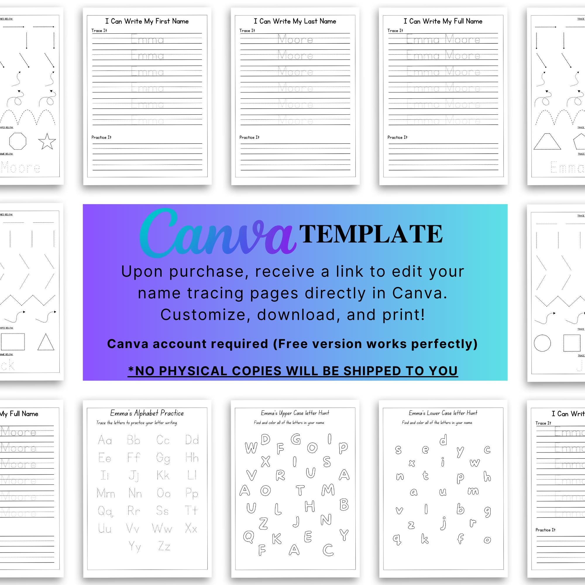 Editable Canva Name Tracing Worksheet, Personalized Preschool Writing ...