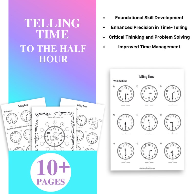 Telling Time to the Half Hour Worksheets / Clock Practice for Kids ...