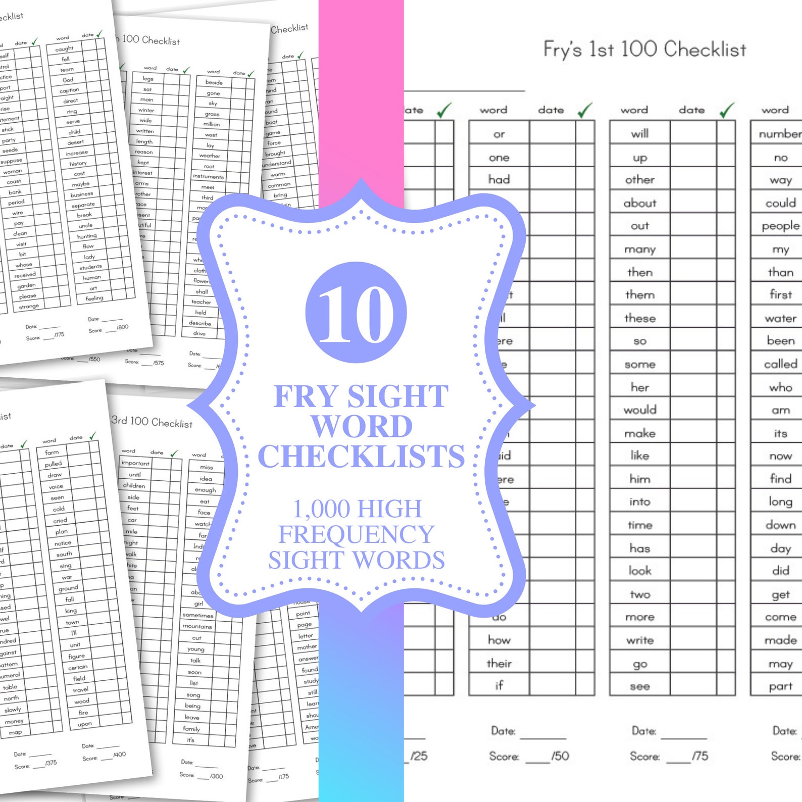 10 Fry Sight Word Checklists / 1,000 High Frequency Sight Words ...