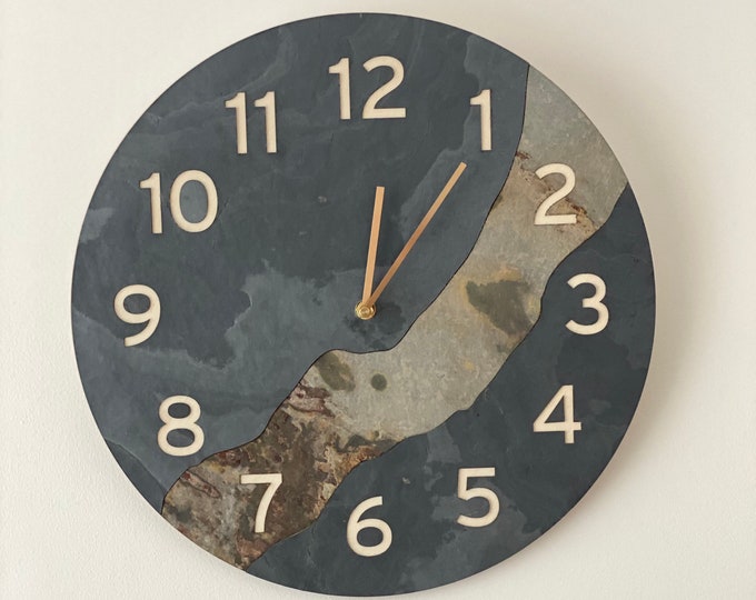 Large Wall Clock Slate Grey Unique Gift Idea Above Fireplace Decor ...