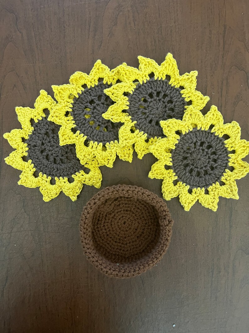 Crochet Coasters Pattern Sunflowers Flower Pot Holder Coasters Plant ...