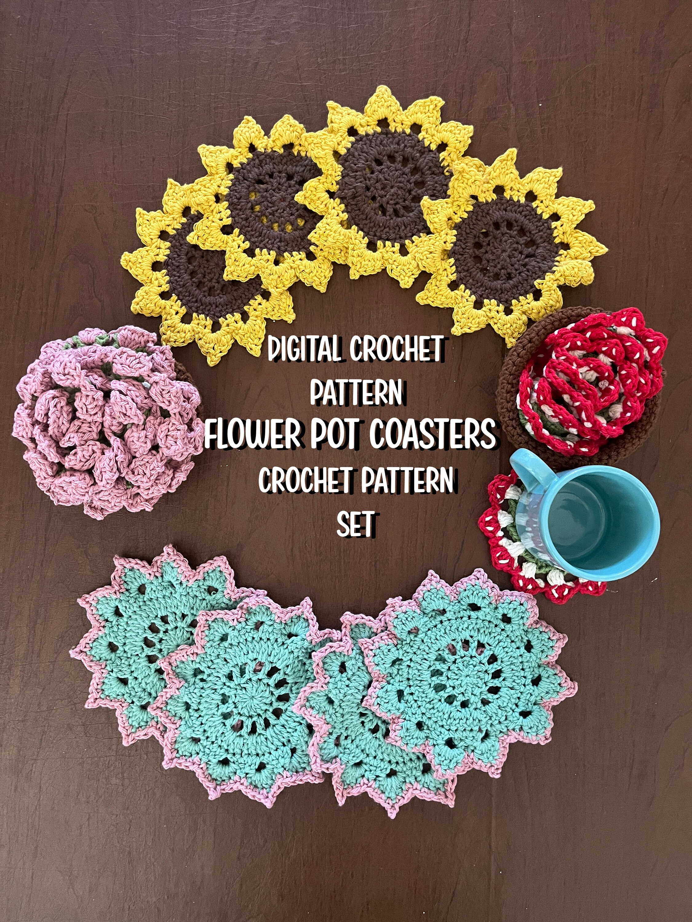 Crochet Coaster Pattern Bundle Sunflower, Flower, Mushroom, Succulent ...