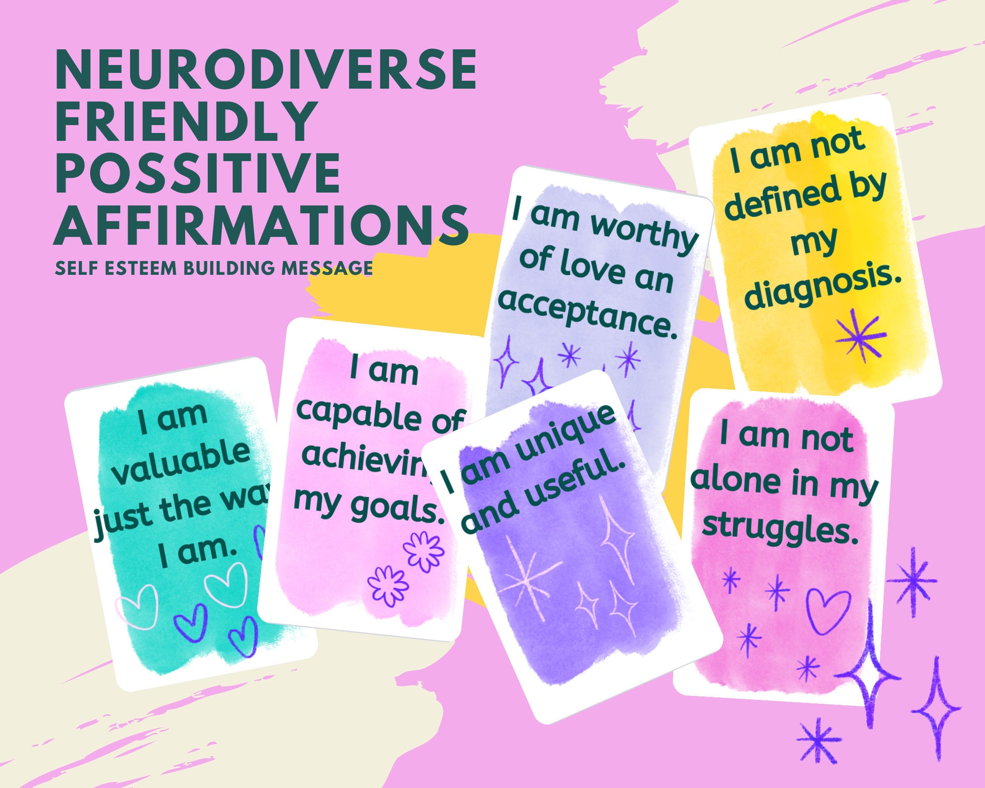 Neurodiverse Affirmation Cards, Illustrated Self-esteem PNG (digital ...