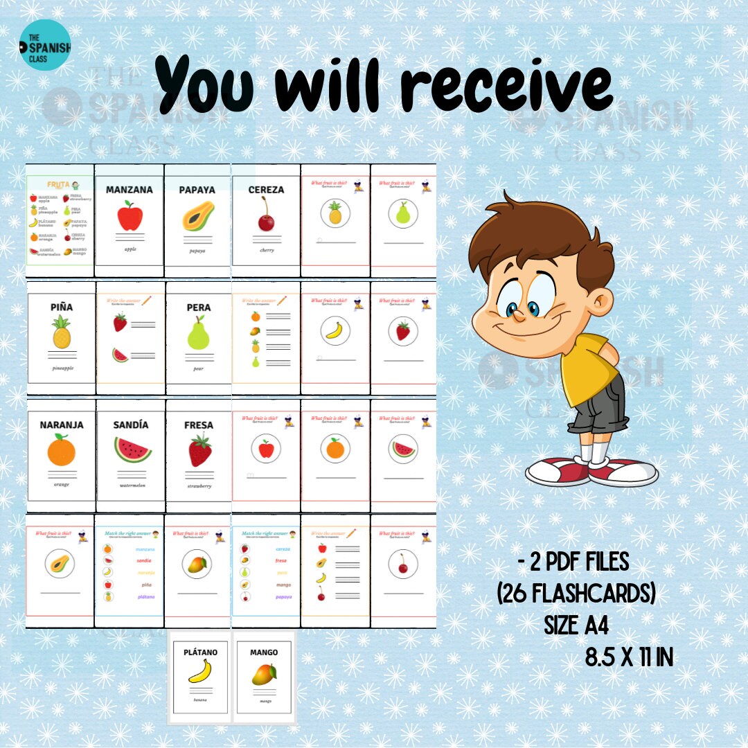 Fruits Printable, Bilingual Words , Spanish Educational, Worksheet ...