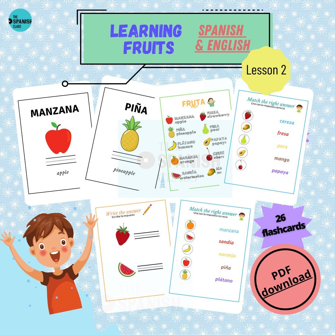 Fruits Printable, Bilingual Words , Spanish Educational, Worksheet ...