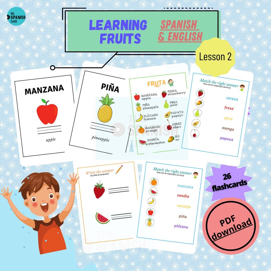 Fruits Printable, Bilingual Words , Spanish Educational, Worksheet ...