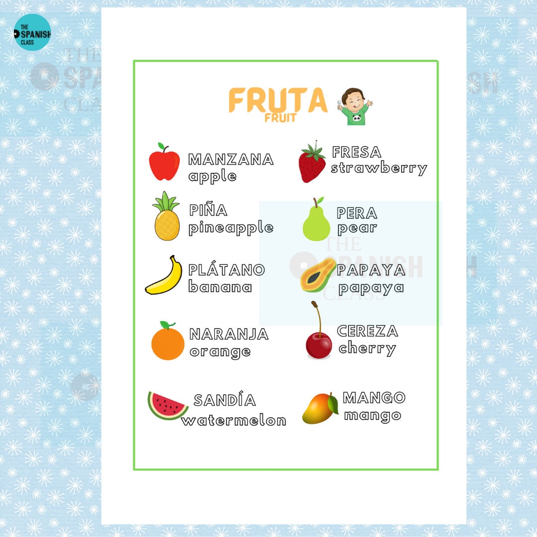 Fruits Printable, Bilingual Words , Spanish Educational, Worksheet ...