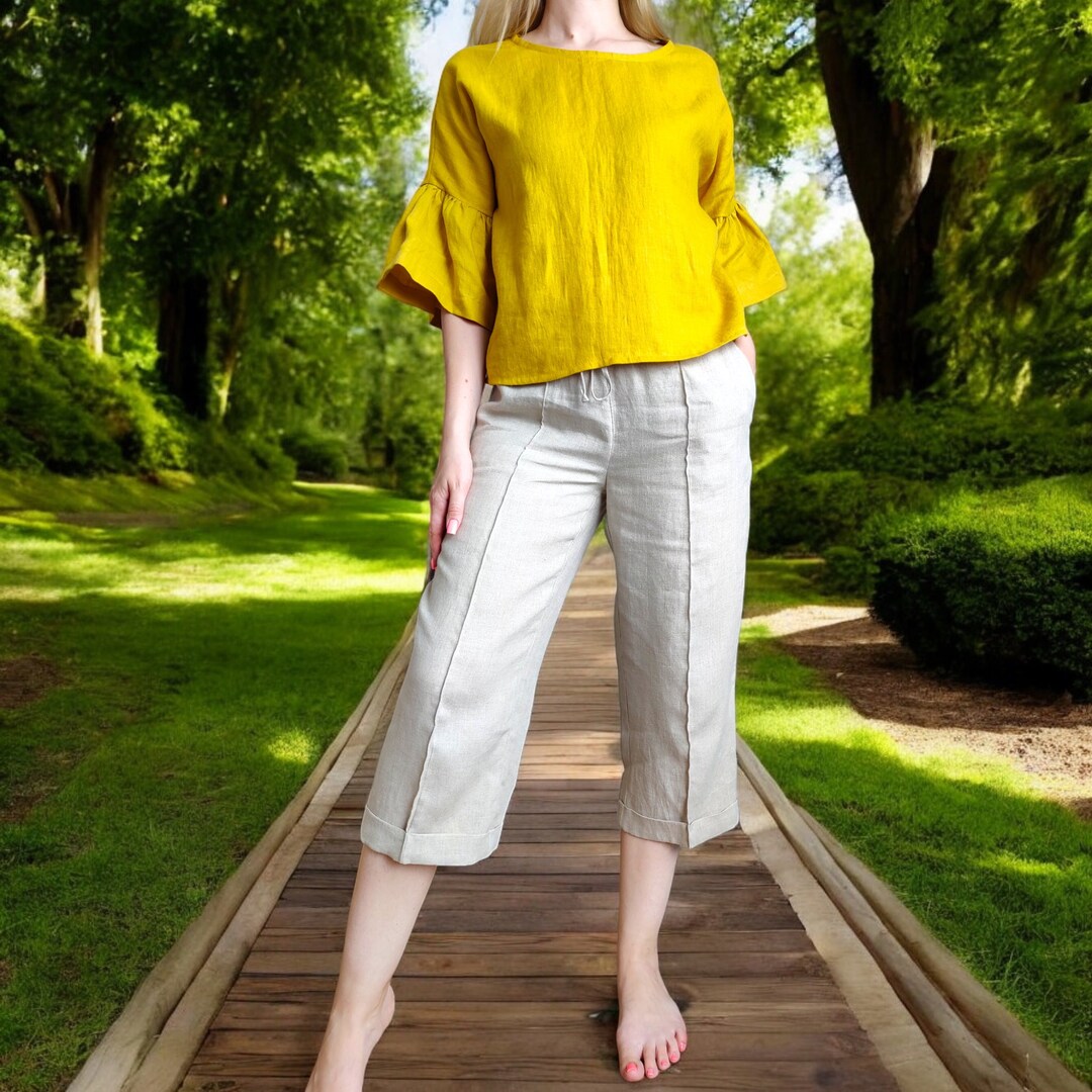 Linen Capri Pants, Wide Leg Capri, Elastic Waist Cropped Pants, Casual ...