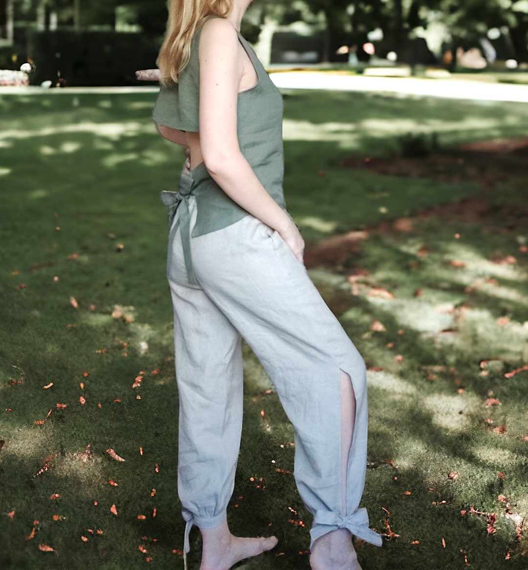Linen Pants, Cut Out Tie Hem Pants, Cropped Side Split Pants, Linen ...