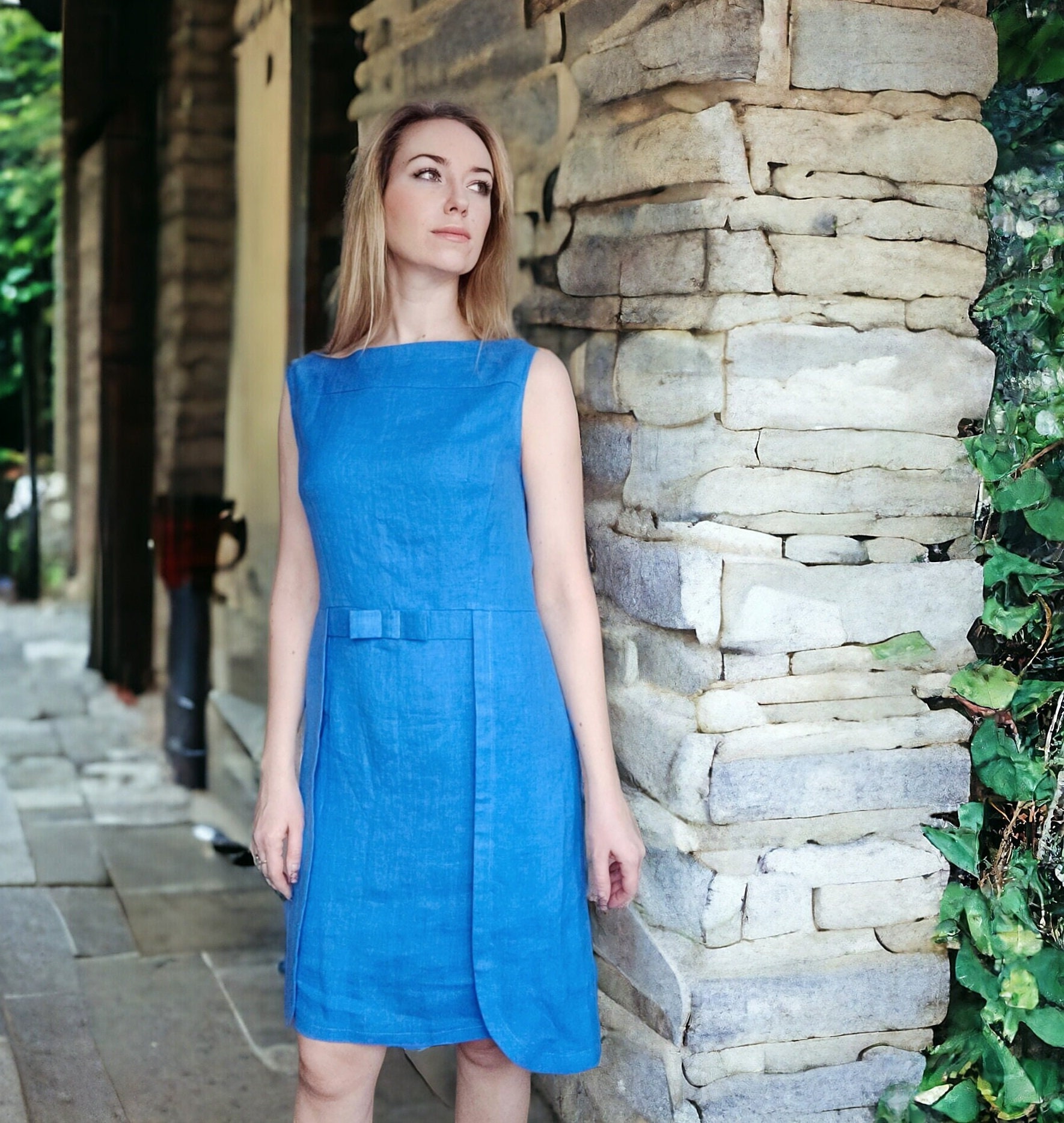 Elegant Linen Dress, Linen Sleeveless Dress, Formal Linen Dress, Blue ...