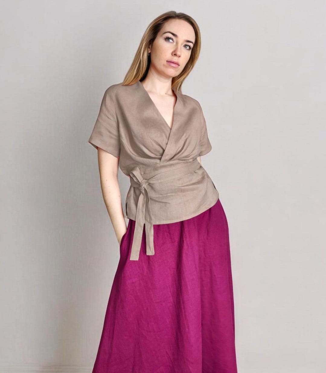 Linen Surplice Wrap Blouse, Overlap Top for Women, Linen Top With ...