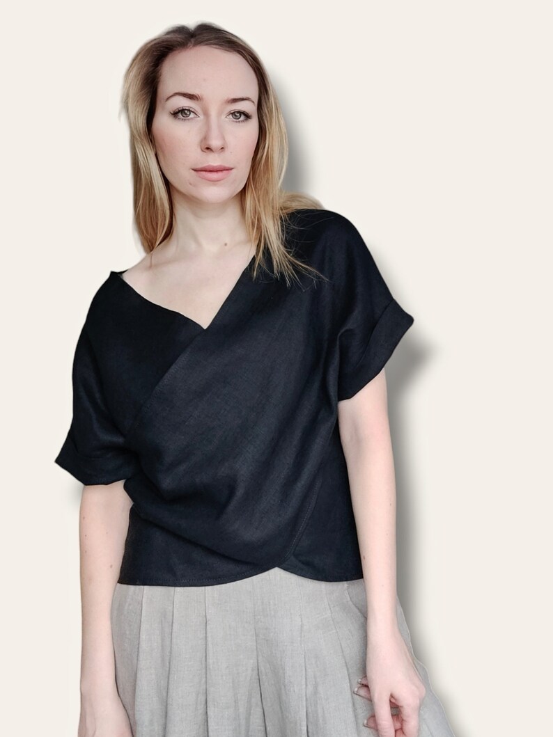 Black Linen Top, Casual Linen Blouse, Linen Short Sleeve Top ...