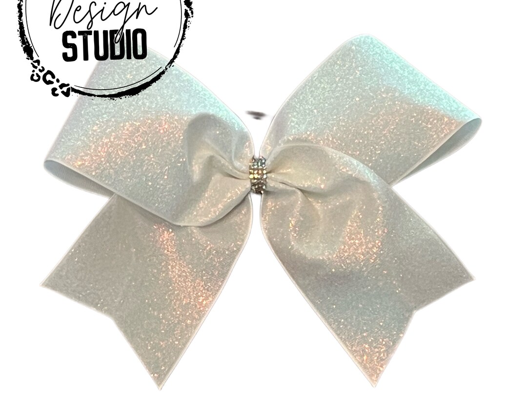 Holographic White Glitter Cheer Bow/ Rhinestone Center Hair Bow ...