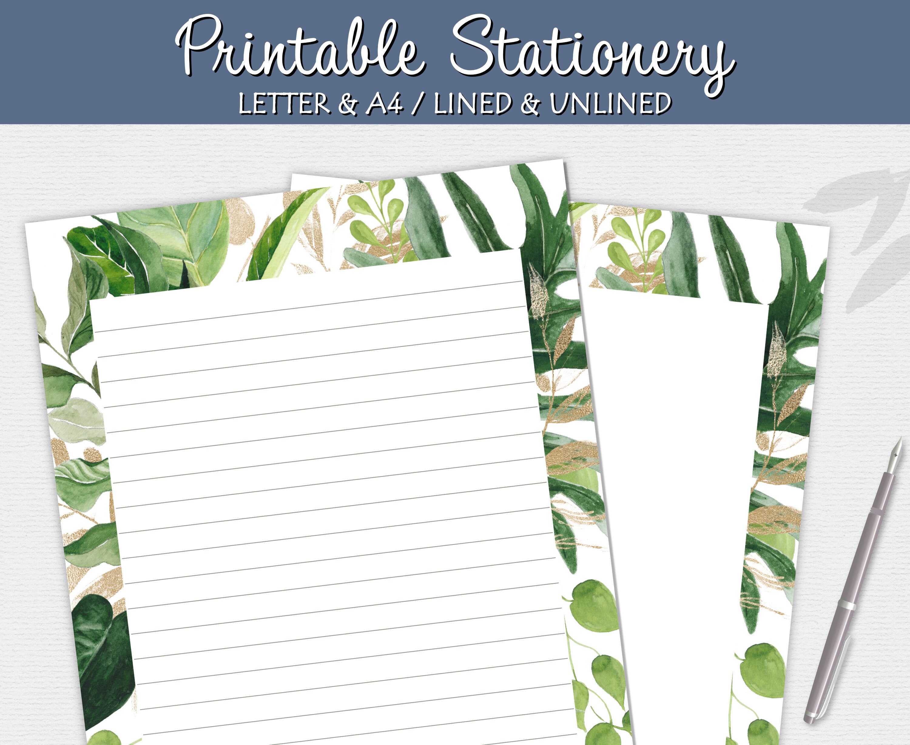 Printable Stationery, Tropical Leaves Letter Writing Paper, Lined ...