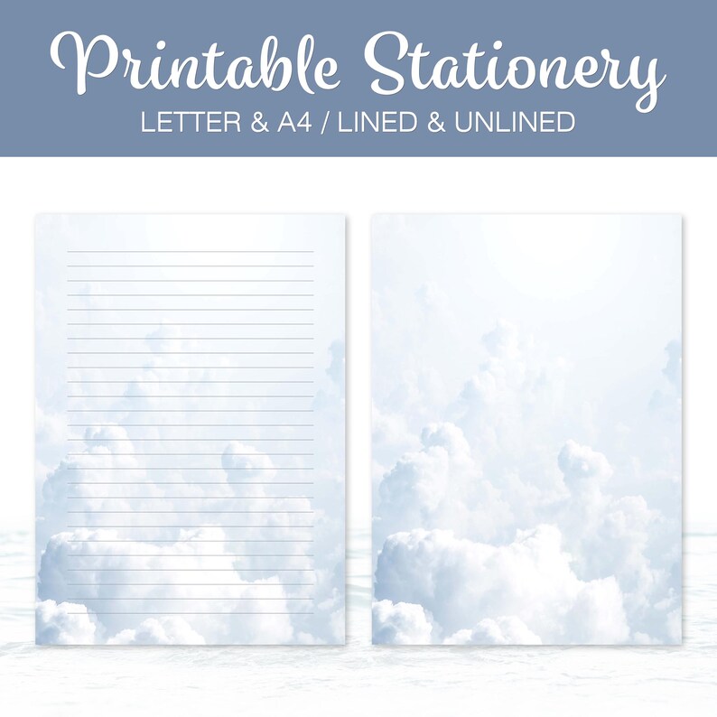 Clouds Stationery, Printable Letter Writing Paper, Blue Sky, Lined ...