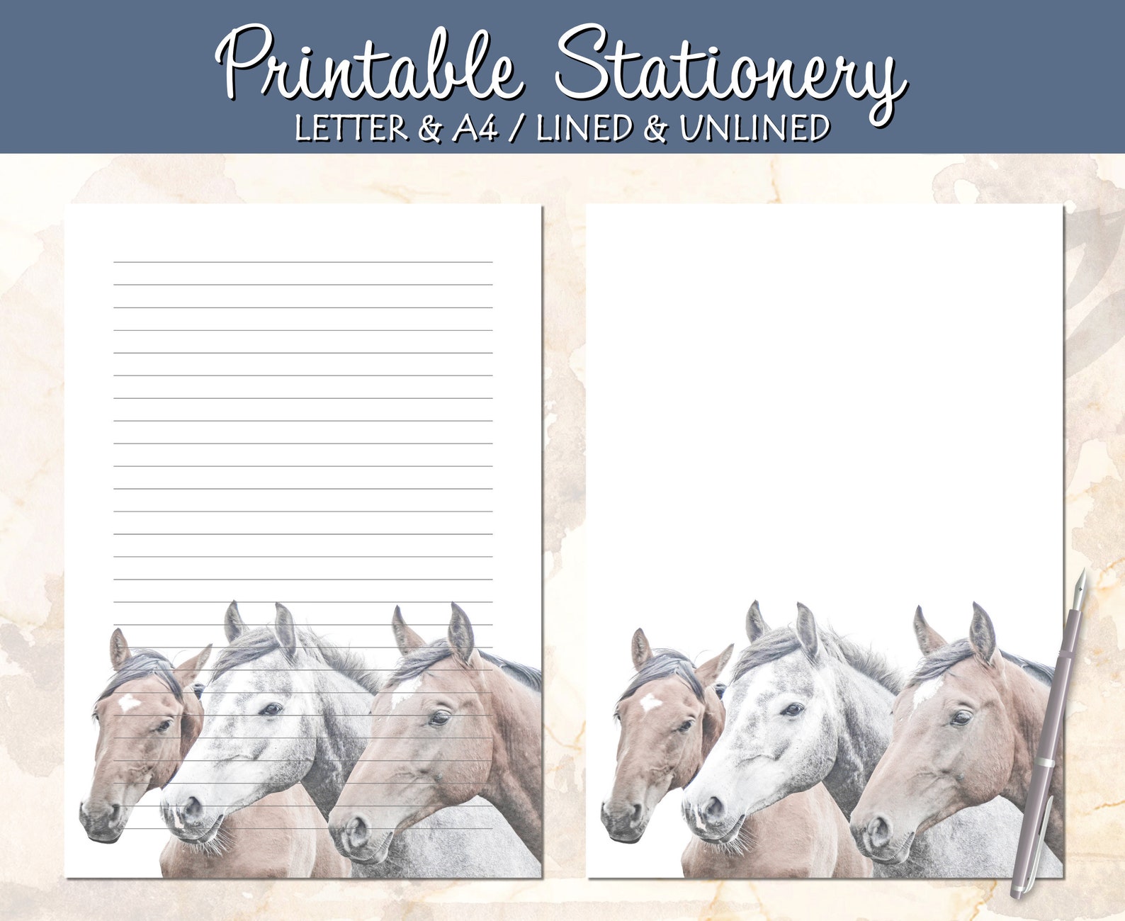 Printable Stationery Horses Writing Paper Lined Unlined A4 - Etsy