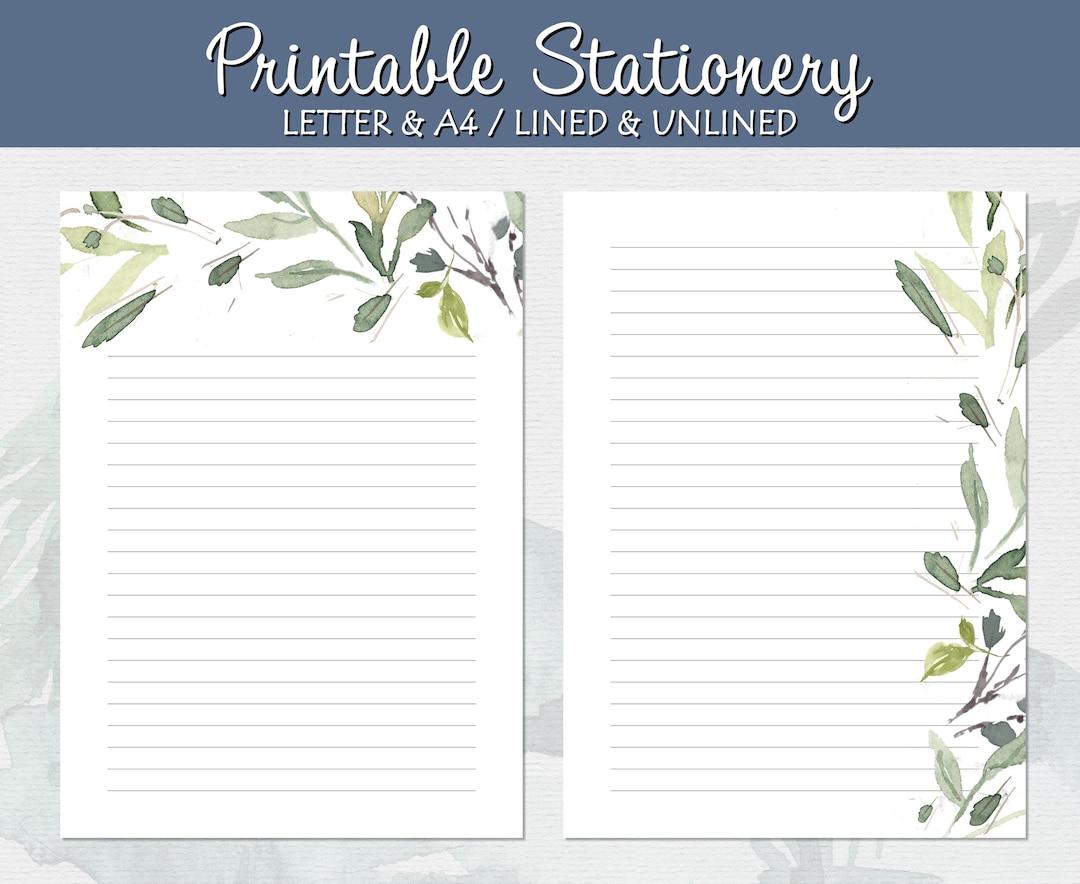 Botanical Stationery, Greenery Letter Writing Paper, Lined Unlined, A4 ...