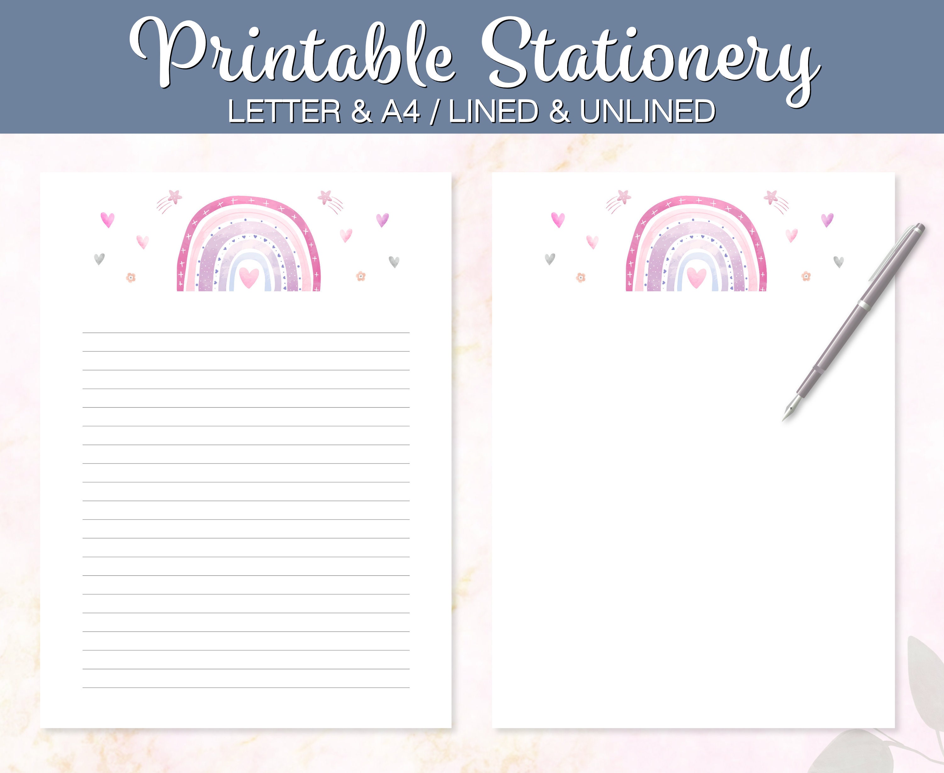 Printable Stationery Rainbow Letter Writing Paper, Boho, Pink Purple ...