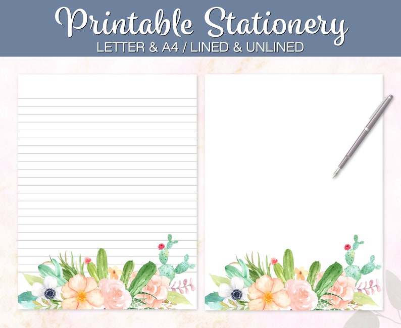 Cactus Stationery Succulents Printable Letter Writing Paper, Lined ...
