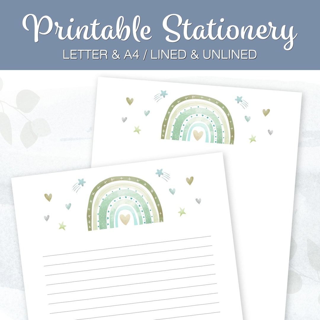 Printable Rainbows Letter Writing Paper, Boho Stationery, Green ...