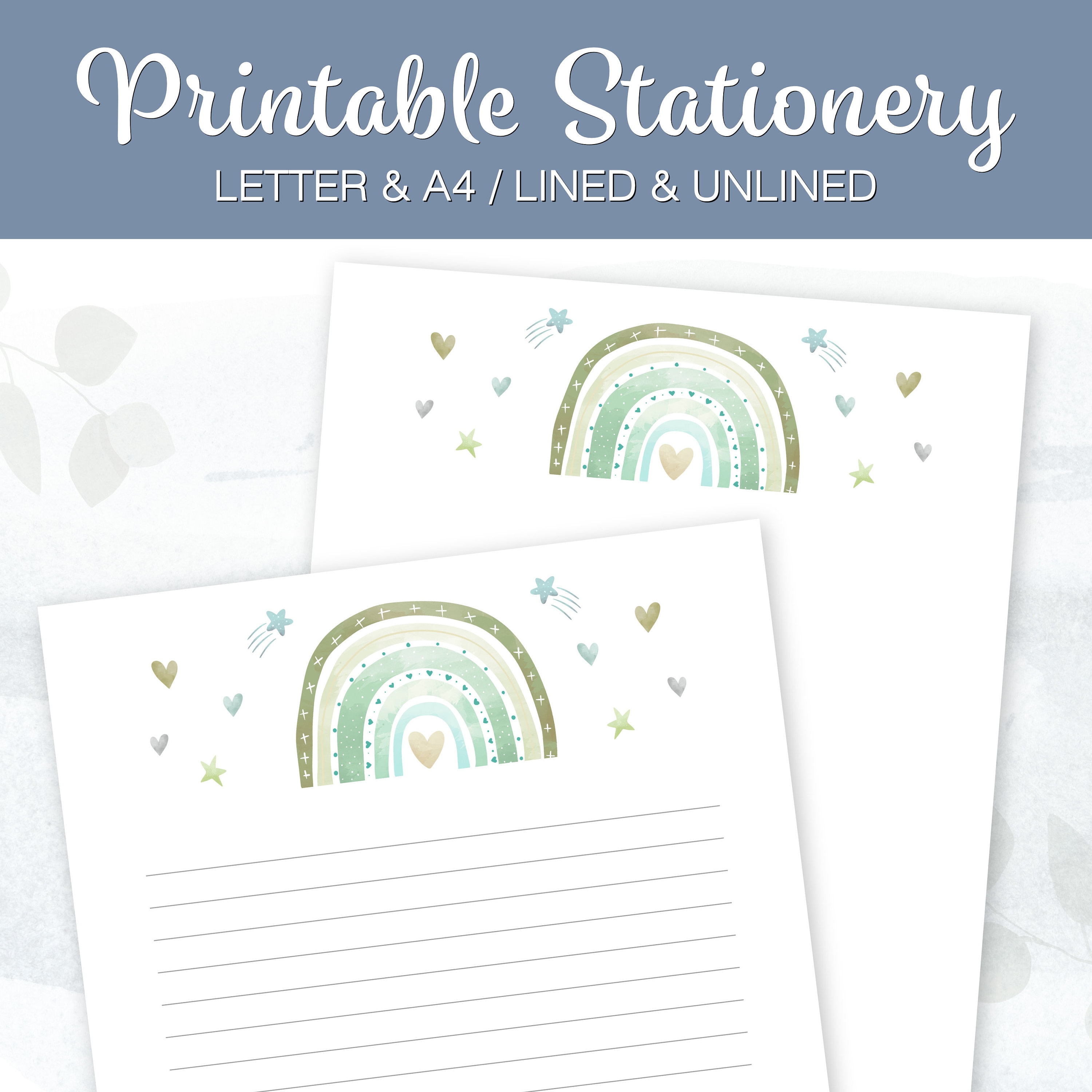 Printable Rainbows Letter Writing Paper, Boho Stationery, Green ...