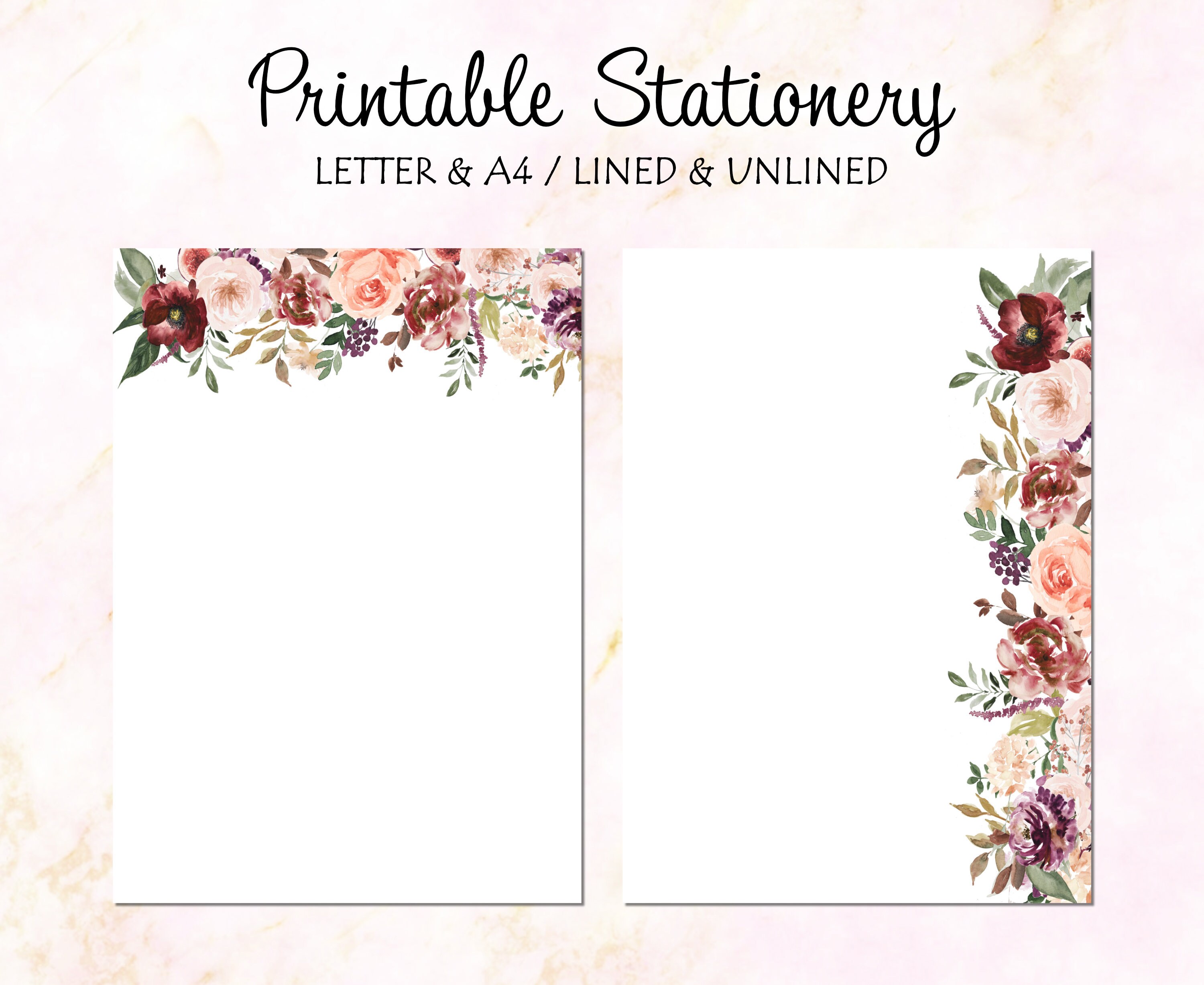 Floral Stationery, Printable Letter Writing Paper, Lined Unlined, A4 US ...