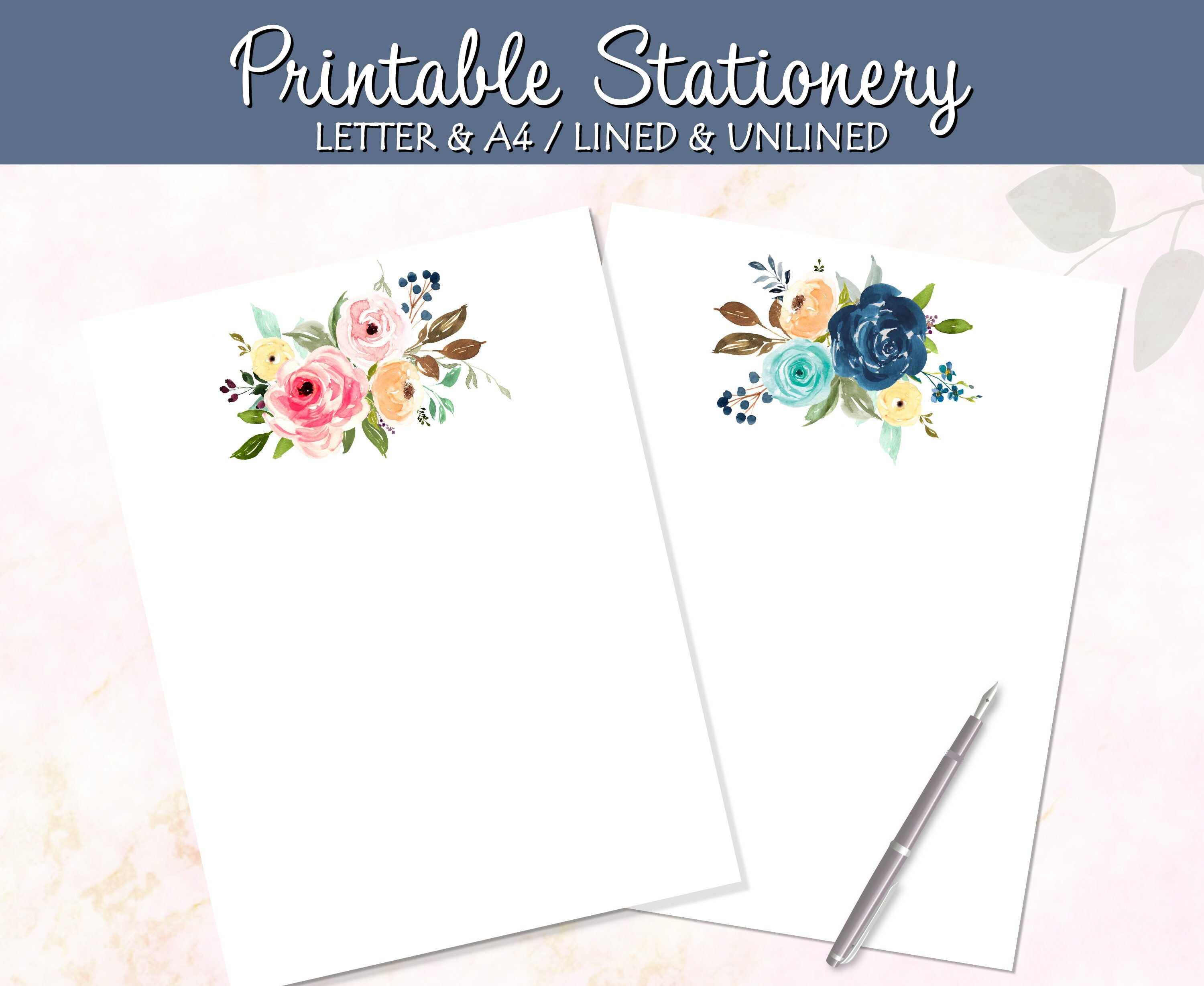 Floral Stationery, Printable Writing Paper, Boho Watercolor, Lined ...