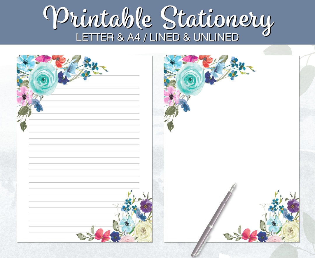 Floral Stationery, Printable Writing Paper, Boho Watercolor, Lined ...