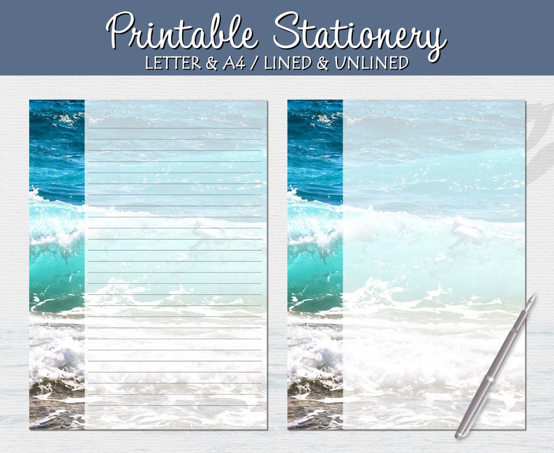 Ocean Stationery, Printable Letter Writing Paper, Beach Waves, Lined ...