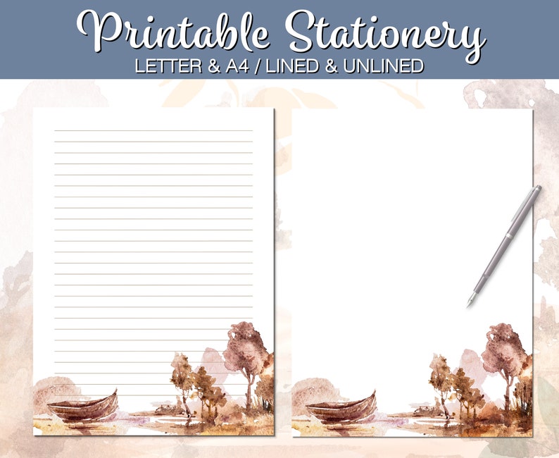 Printable Stationery, Landscape Writing Paper, Watercolor, Lined ...