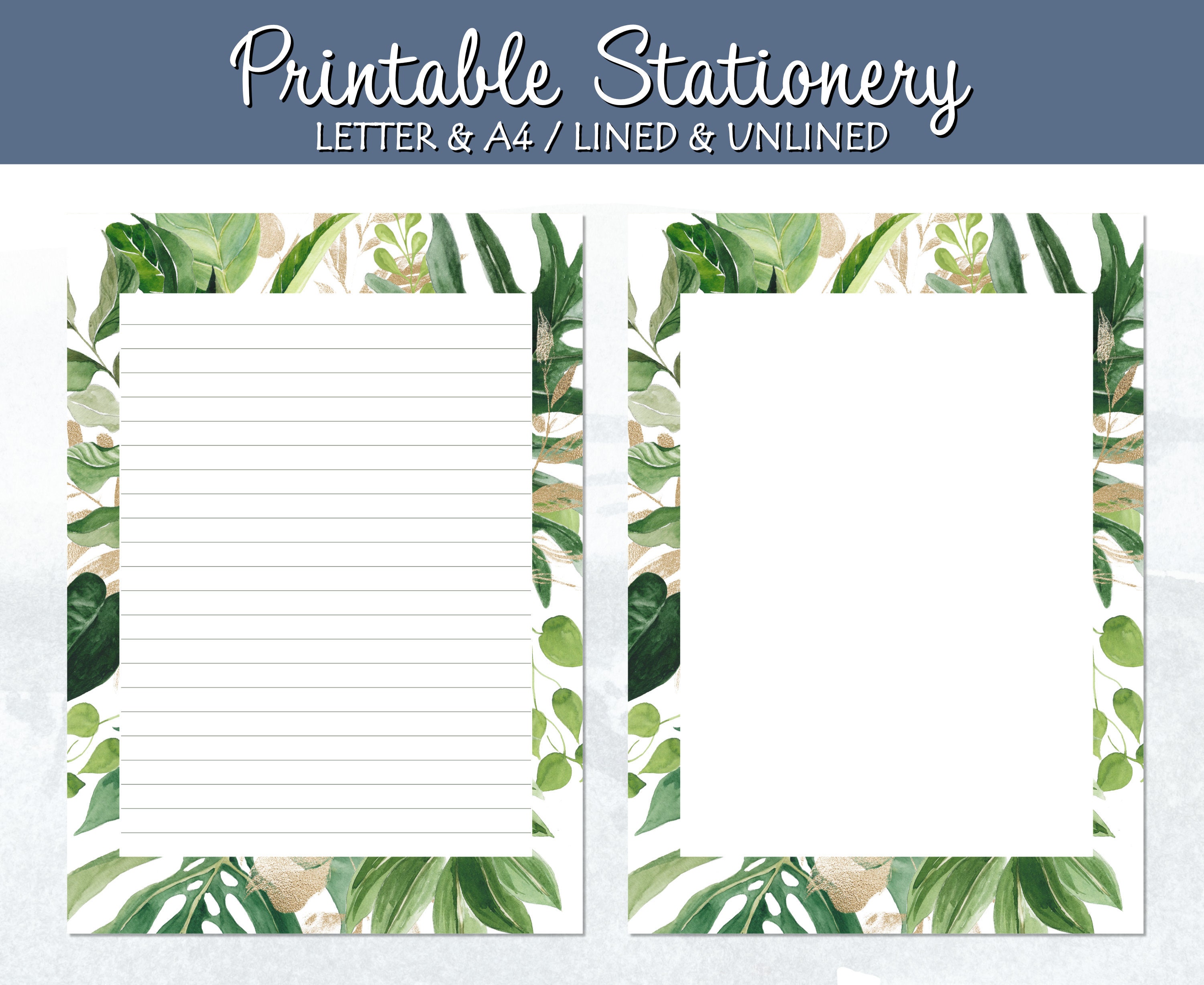 Printable Stationery, Tropical Leaves Letter Writing Paper, Lined ...