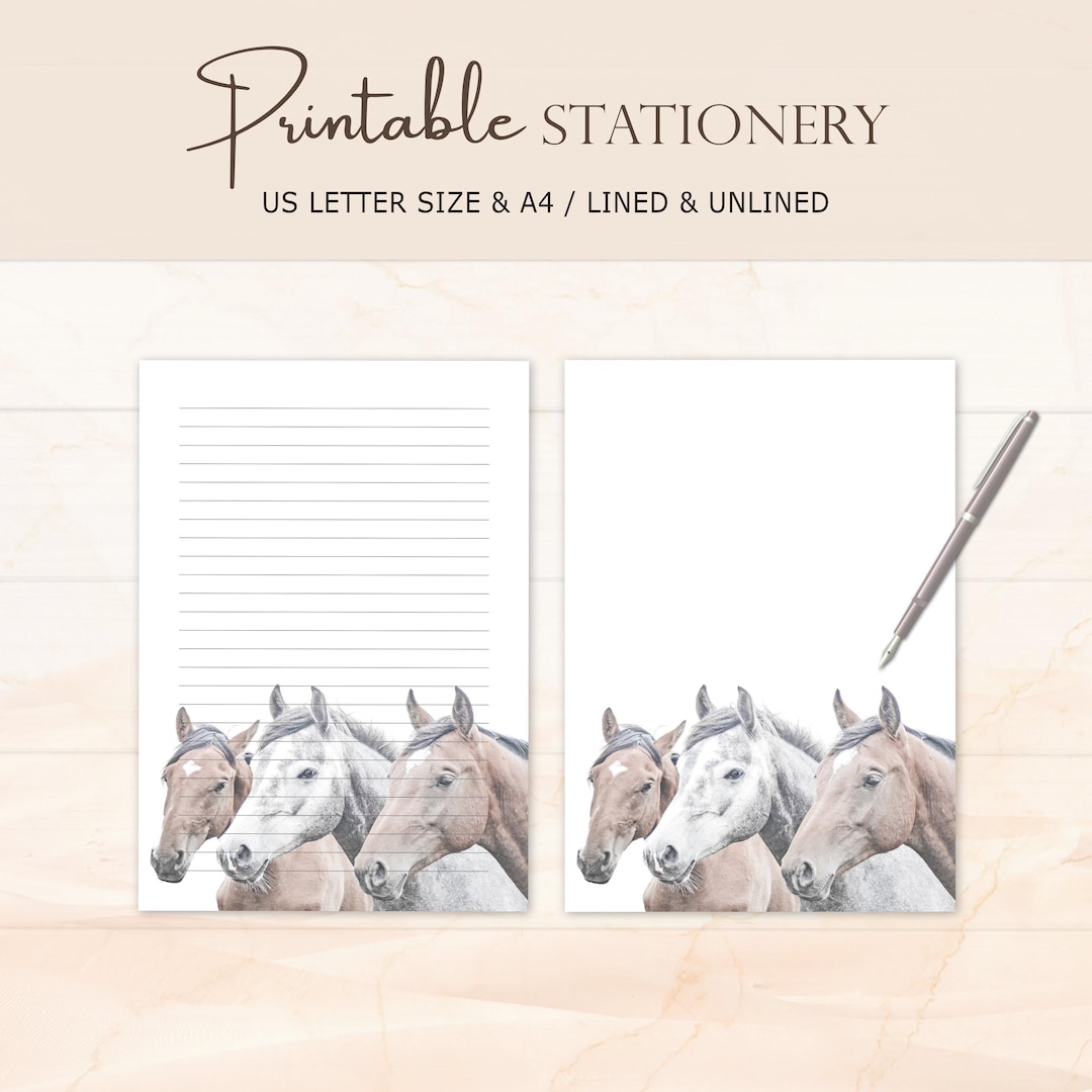 Horses Writing Paper: Lined & Unlined Stationery (digital Download, A4 ...