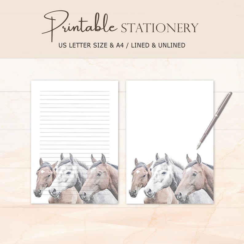 Horses Writing Paper: Lined & Unlined Stationery (digital Download, A4 ...
