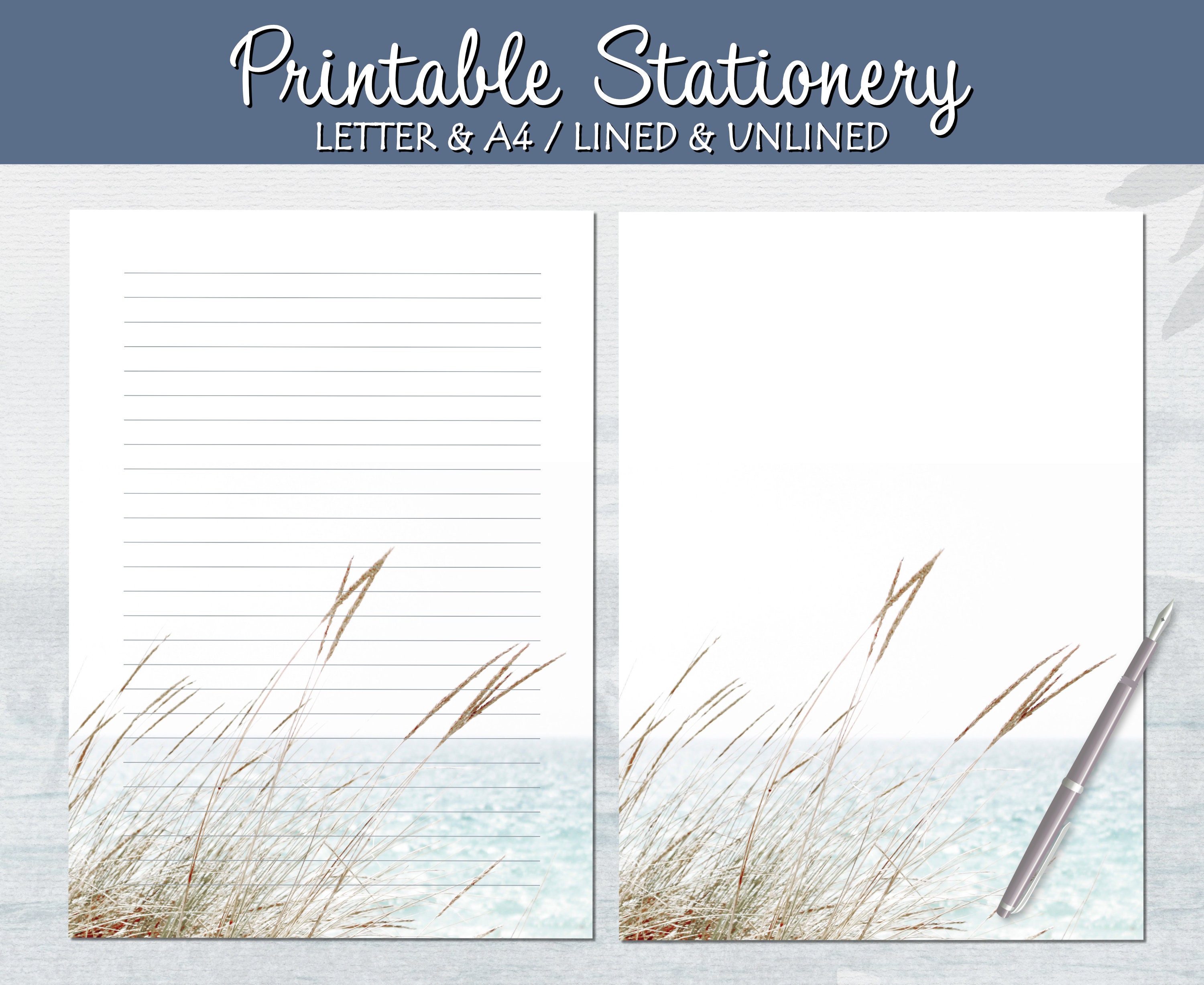 Beach Stationery, Printable Letter Writing Paper, Ocean, Grass, Lined ...