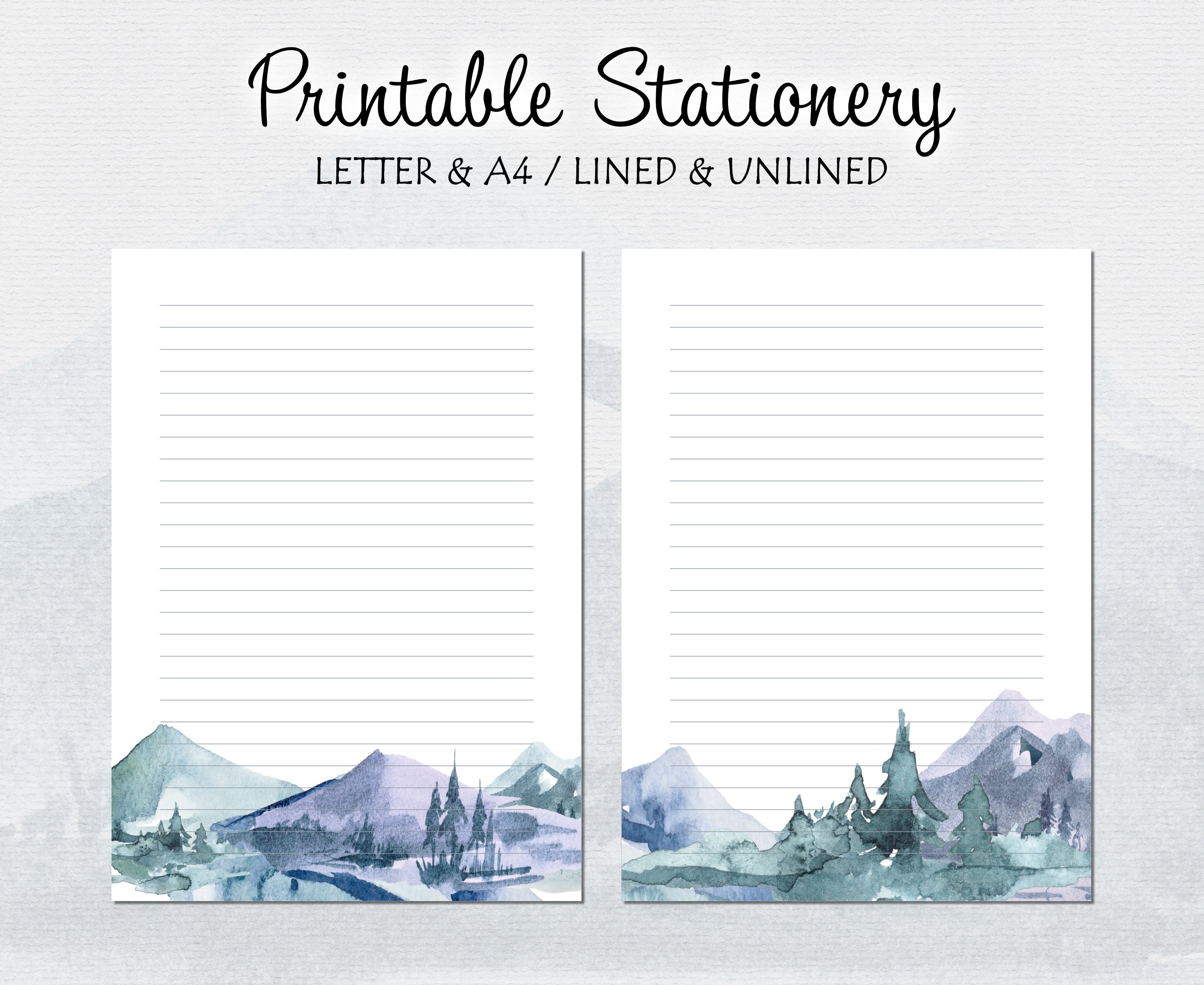 Printable Watercolor Stationery, Mountains Journal Pages, Landscape ...