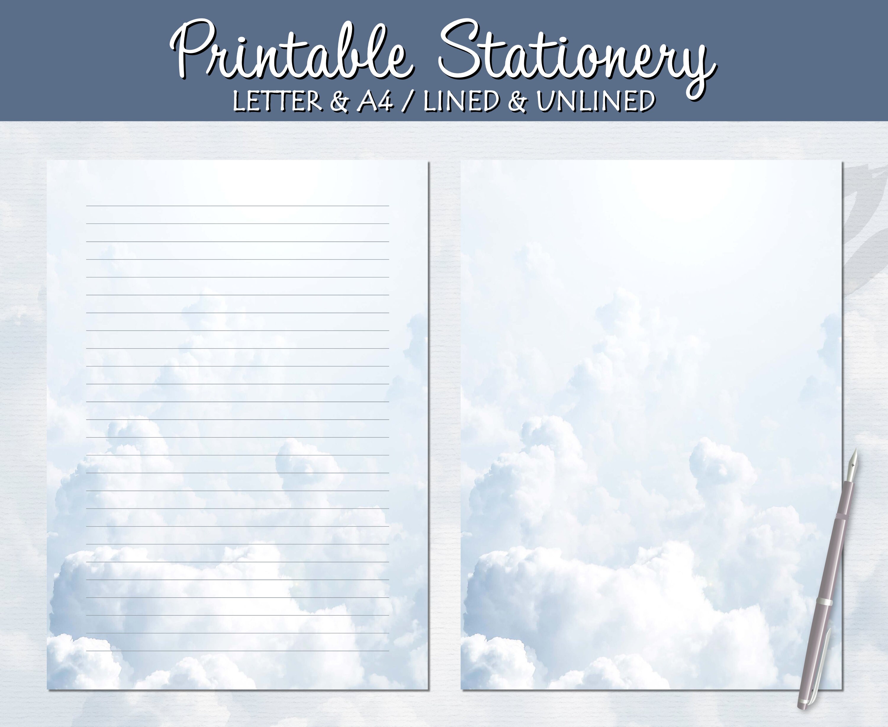 Clouds Stationery, Printable Letter Writing Paper, Blue Sky, Lined ...