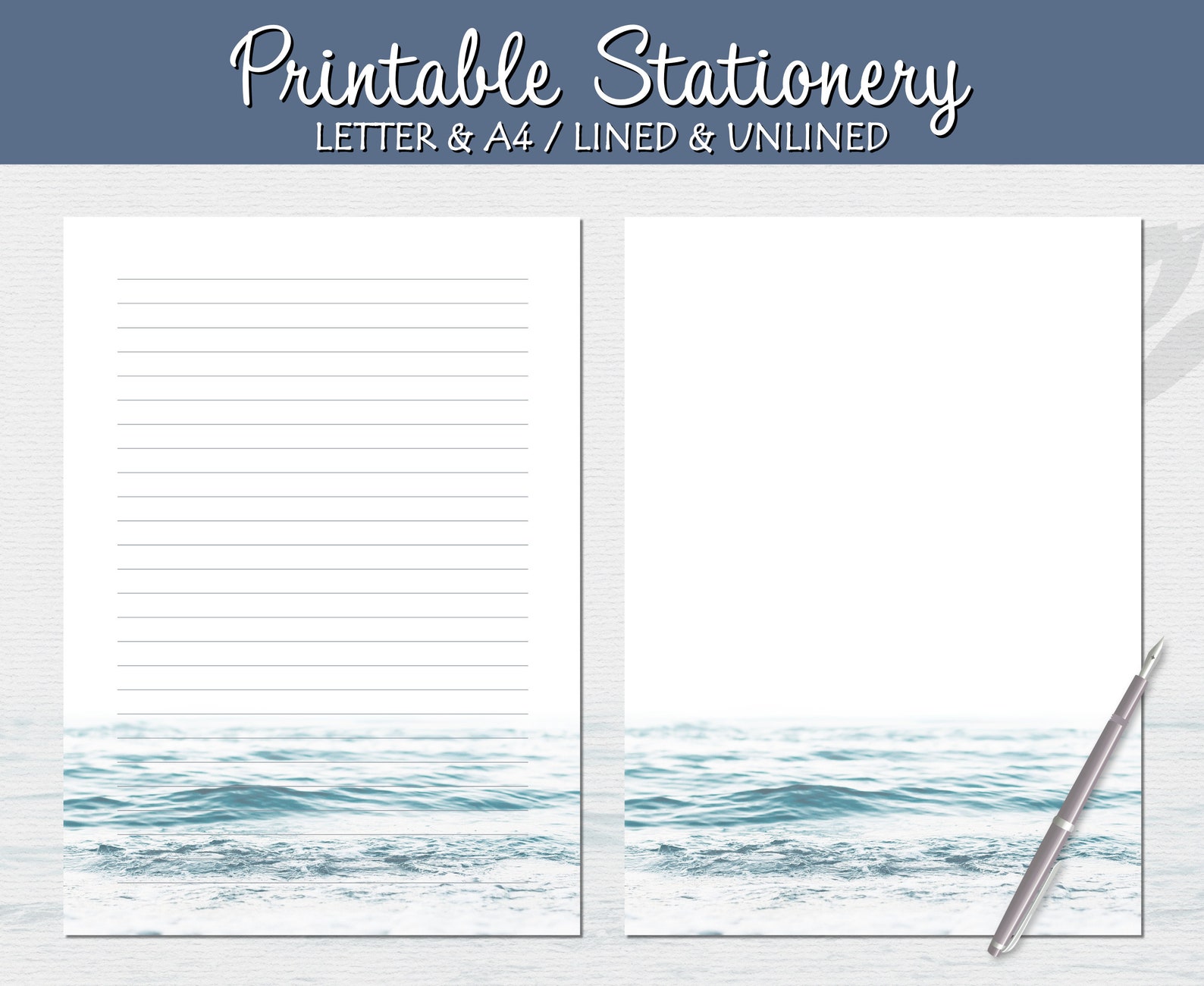 Ocean Stationery, Printable Letter Writing Paper, Beach Water, Lined ...