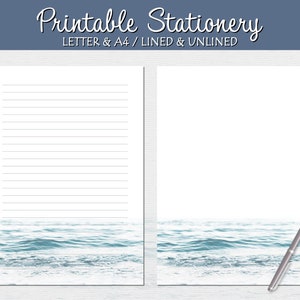 Ocean Stationery, Printable Letter Writing Paper, Beach Water, Lined ...