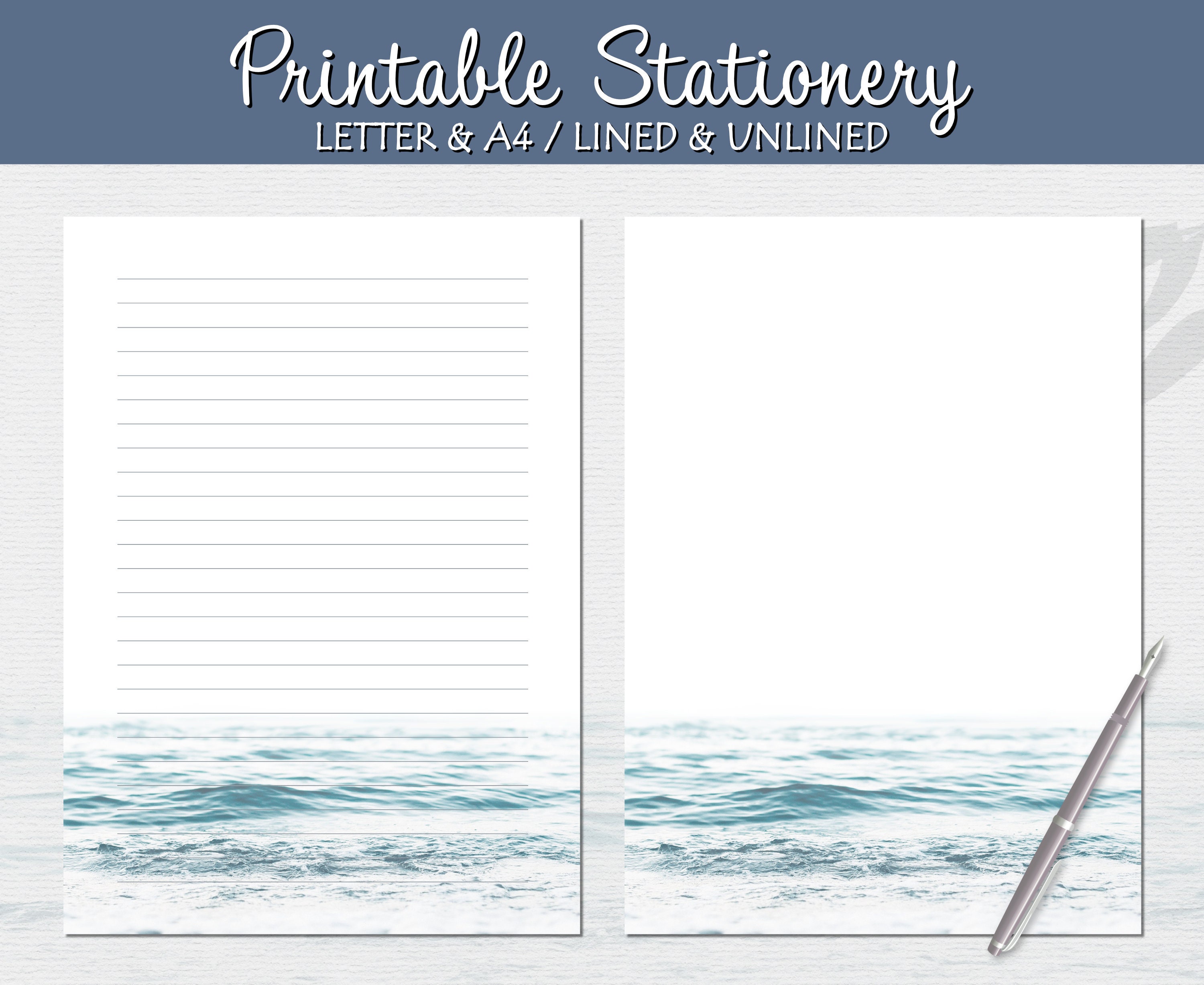 Ocean Stationery, Printable Letter Writing Paper, Beach Water, Lined ...