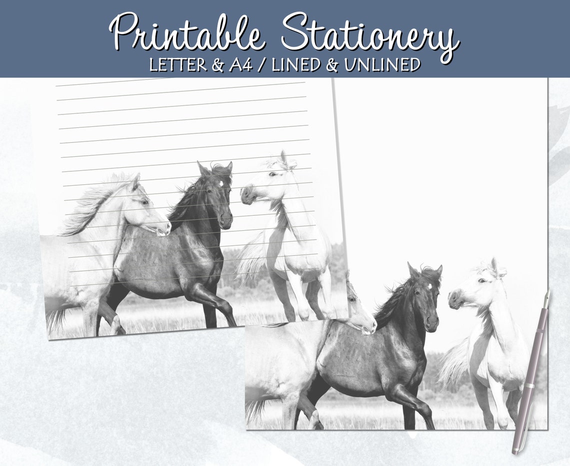 Printable Stationery, Horses Letter Writing Paper, Black and White ...