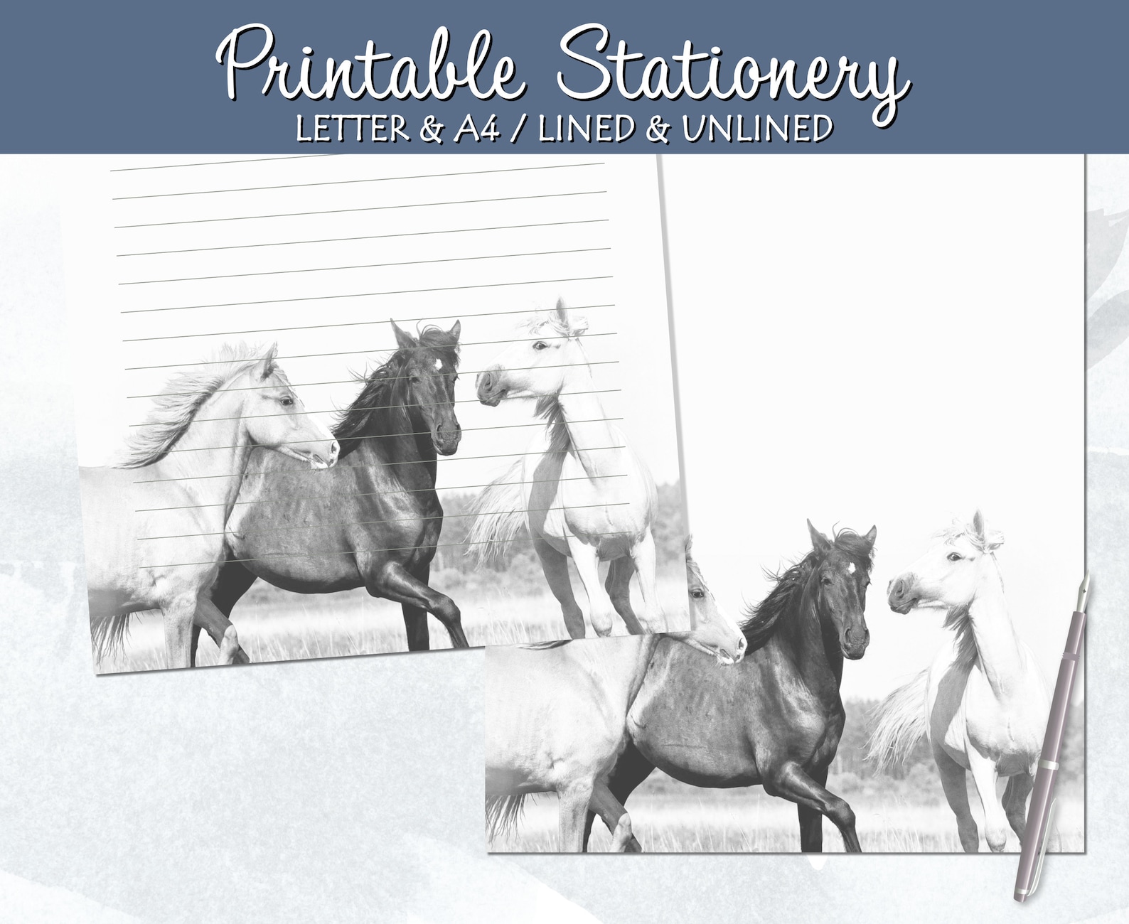 Printable Stationery, Horses Letter Writing Paper, Black and White ...