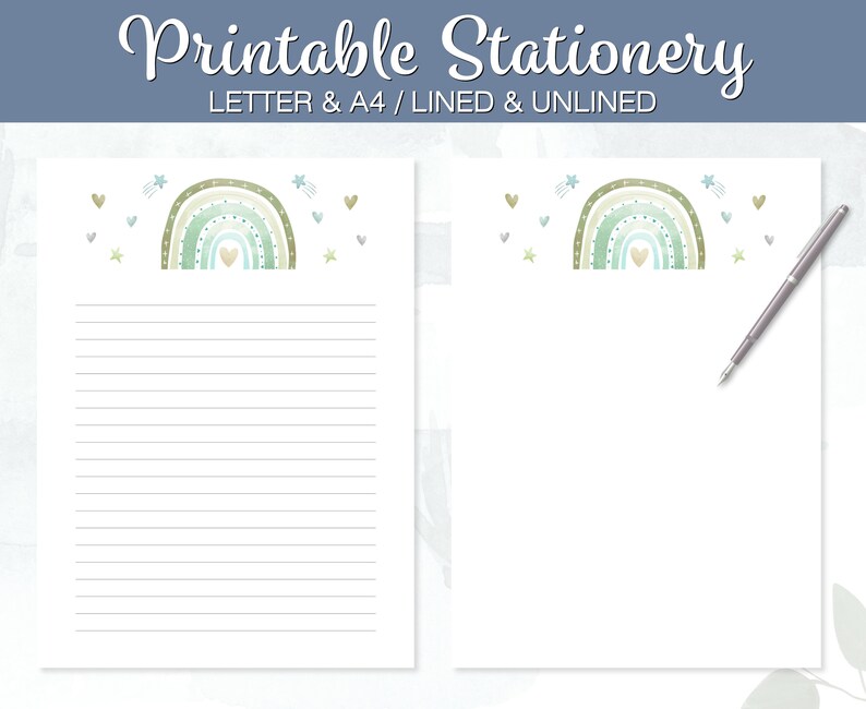 Printable Rainbows Letter Writing Paper, Boho Stationery, Green ...