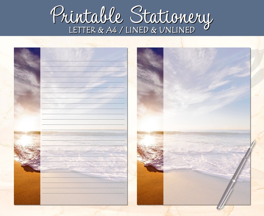 Beach Stationery, Printable Letter Writing Paper, Ocean, Sunrise, Lined ...