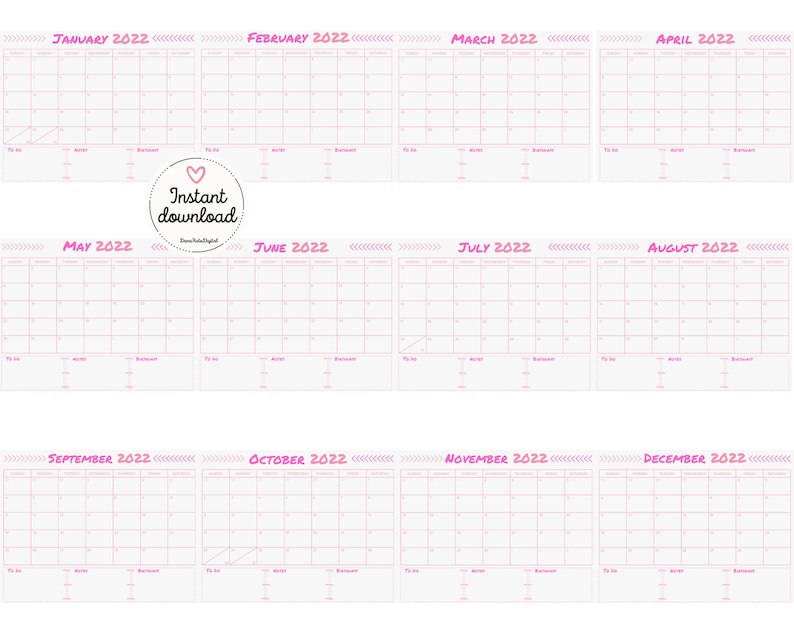 Cute Pink 2022 Monthly Calendar | Printable PDF Digital Download ...