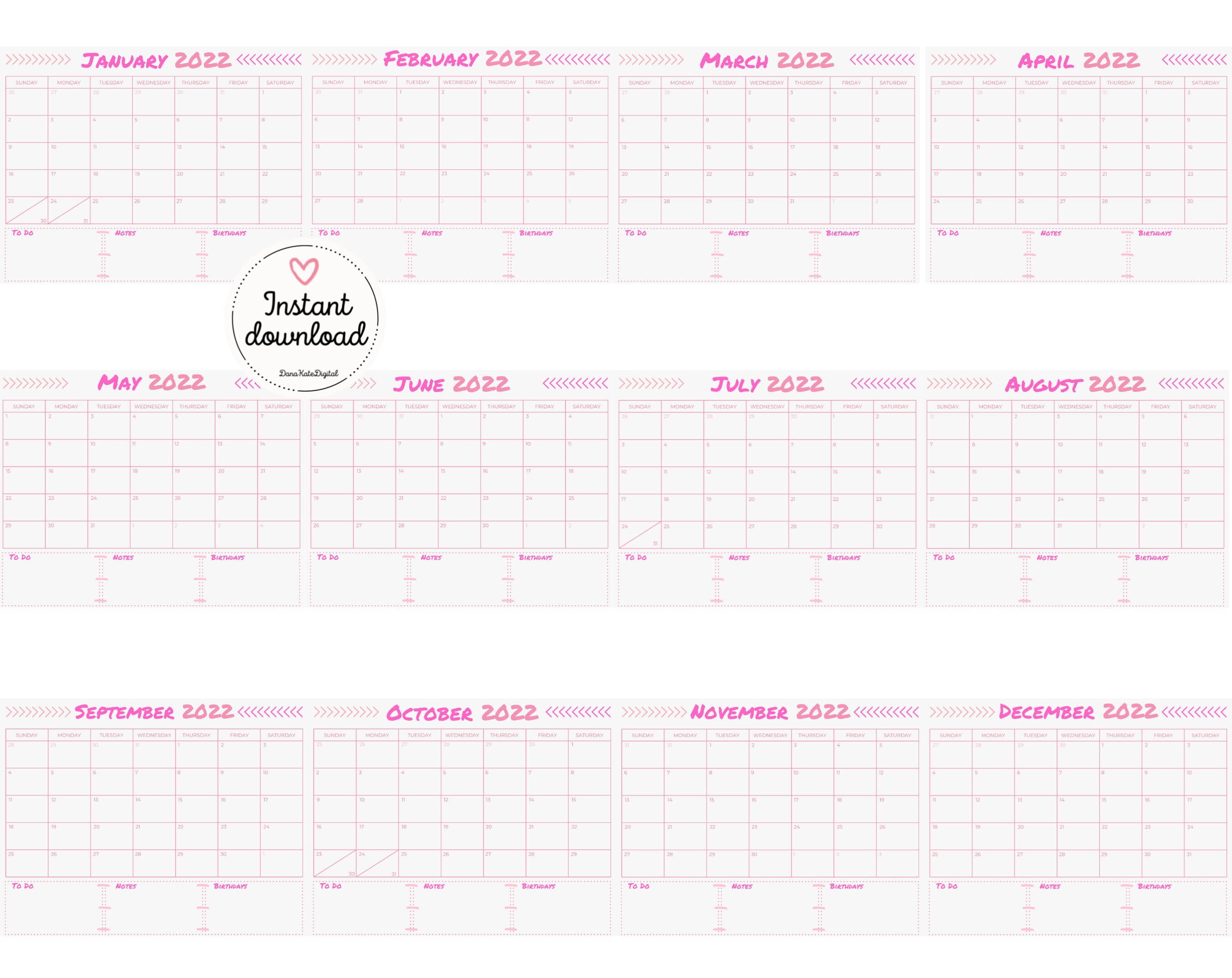 Cute Pink 2022 Monthly Calendar | Printable PDF Digital Download ...