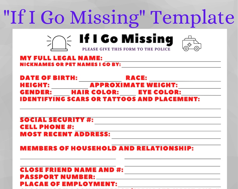 In Case I Go Missing Template | Emergency Information Template ...