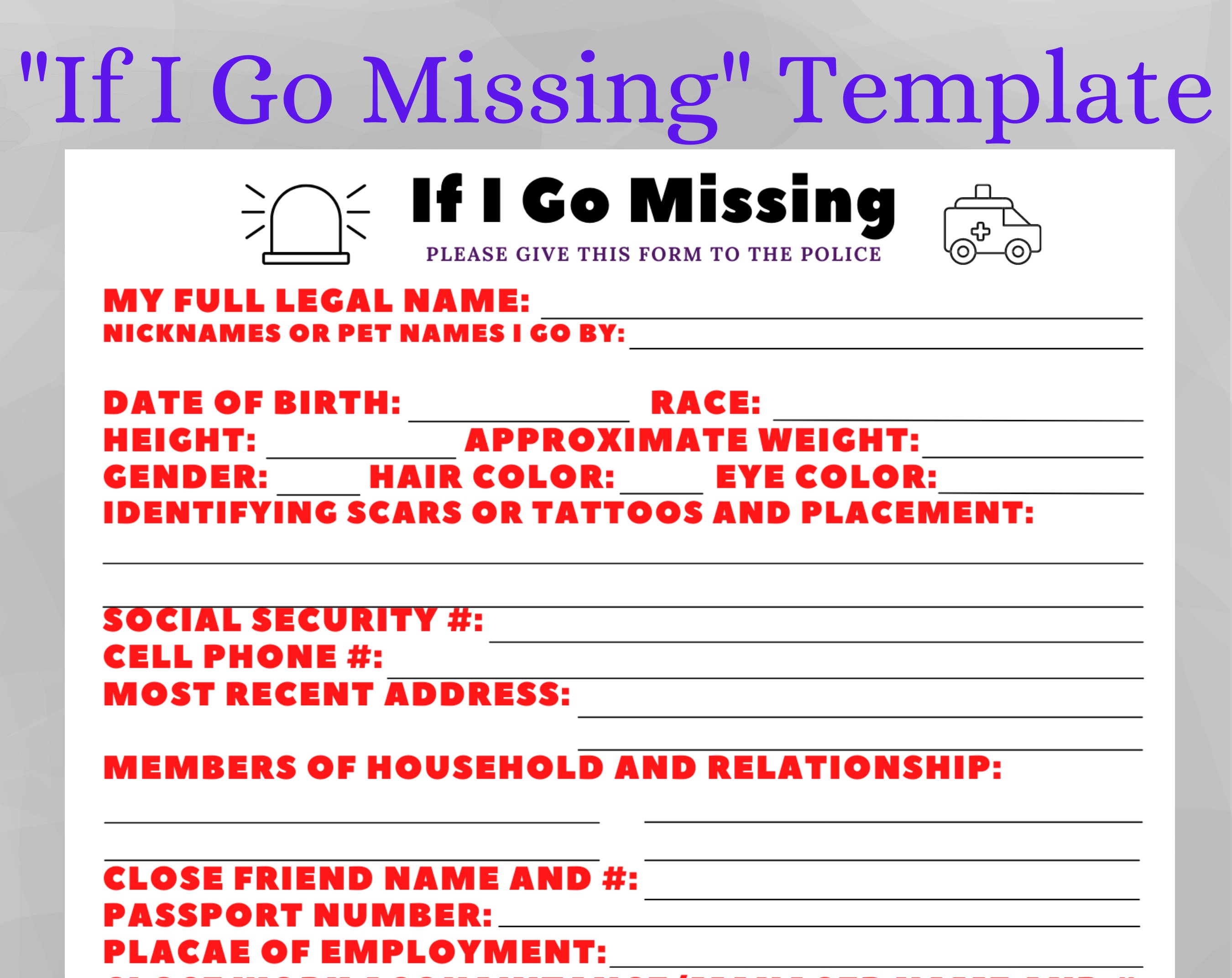 In Case I Go Missing Template | Emergency Information Template ...