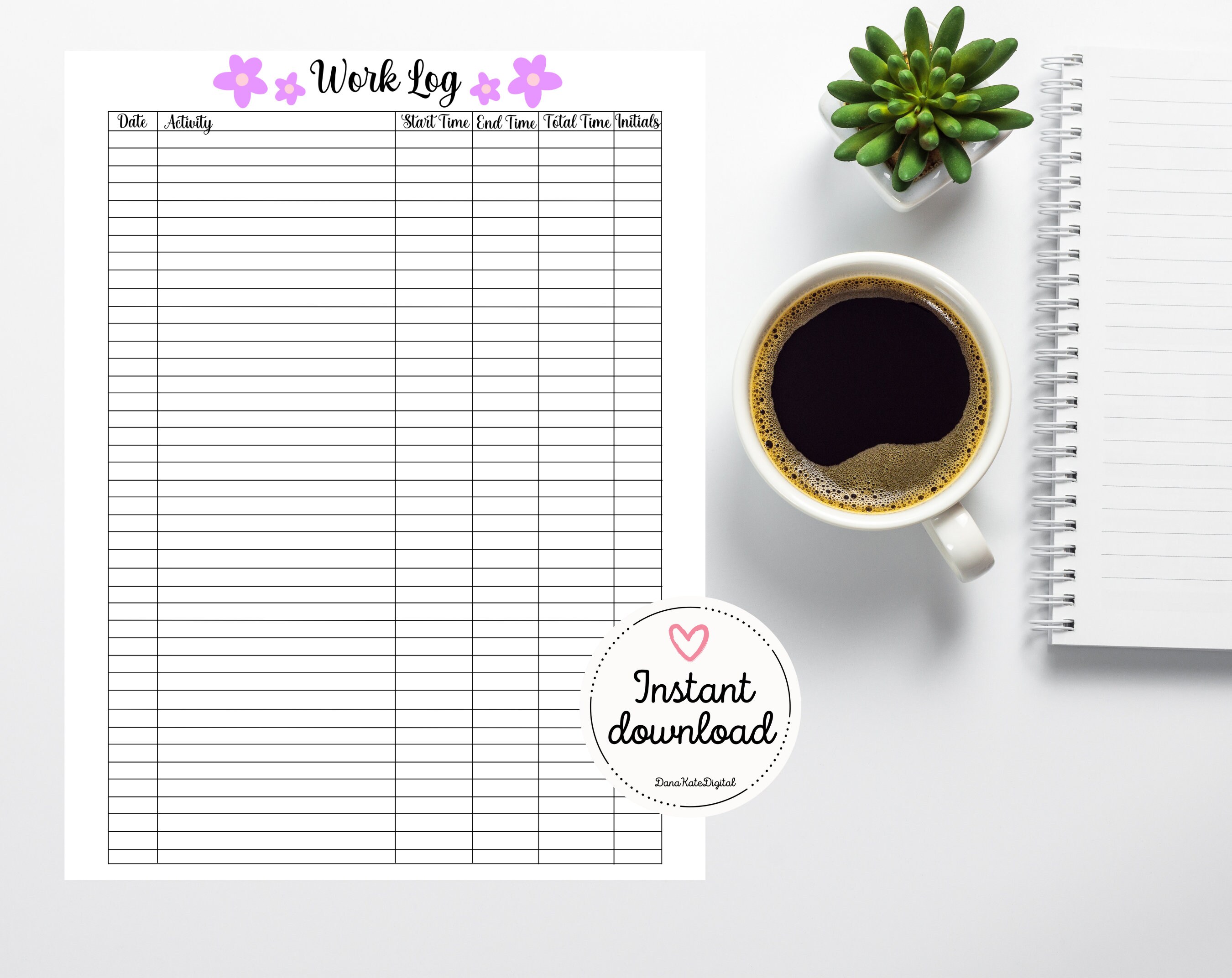 Printable Work | Time Log and Tracker | Activity Hours Log Printable ...