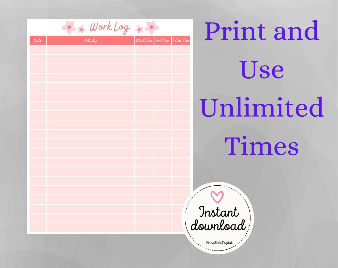 Printable Work | Time Log and Tracker | Activity Hours Log Printable ...